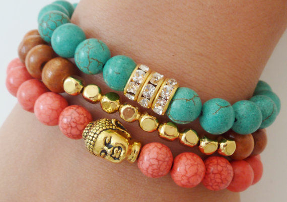 Green Chalk Turquoise SemiPrecious Gemstone Beaded Bracelet With Gold ...