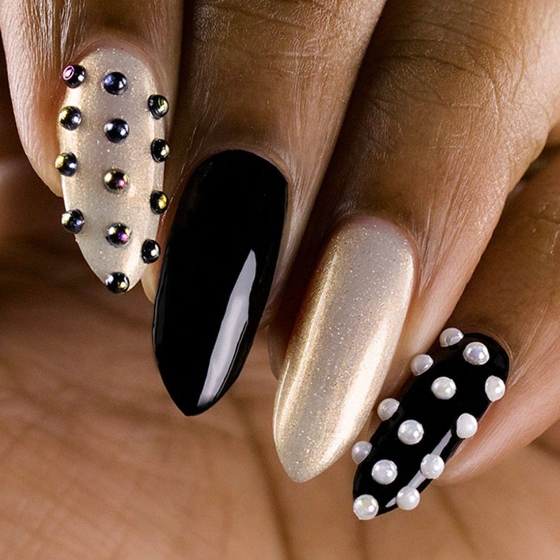 Black & Silver Oval Nails With Pearls & Studs Pictures, Photos, and ...
