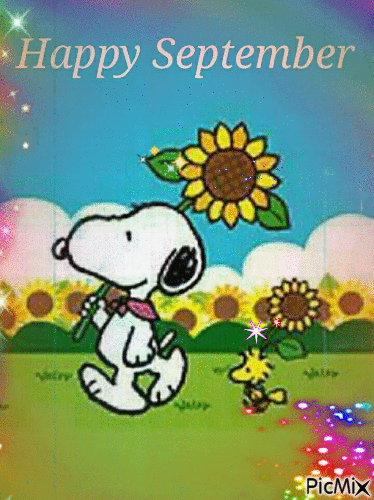 Snoopy & Woodstock Holding Sunflowers - Happy September Gifs Pictures ...