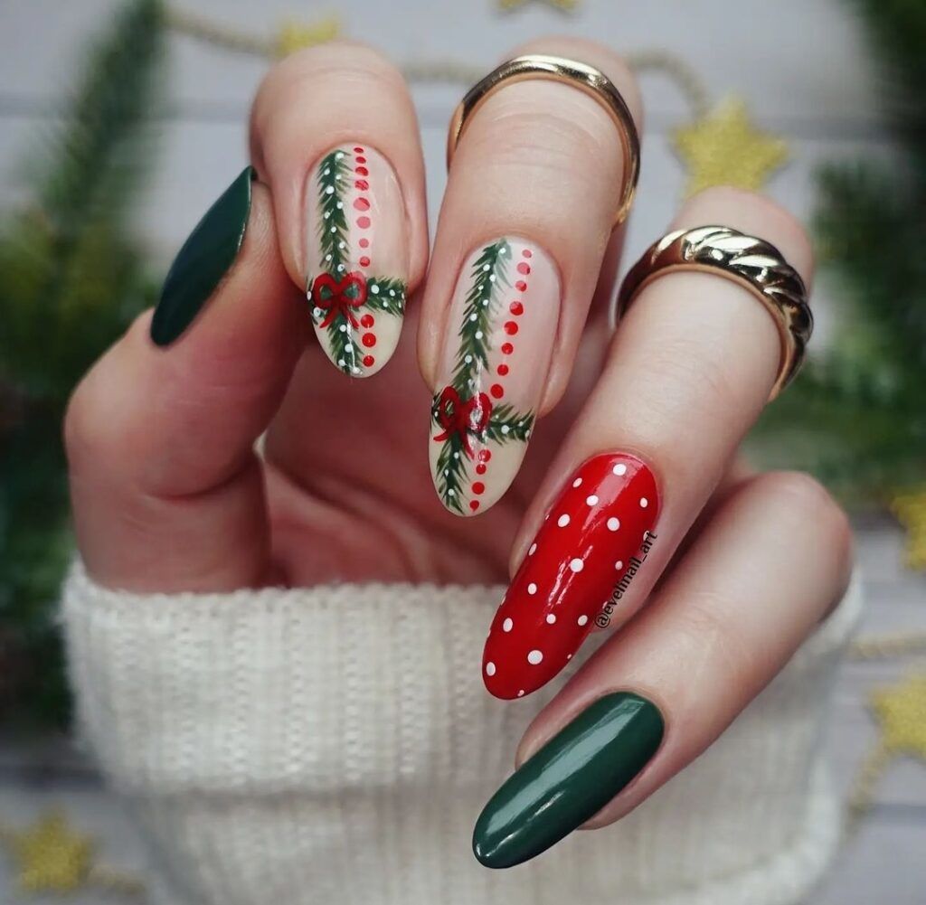 Pine And Ribbon Polkadot Nails For Christmas Pictures, Photos, and ...