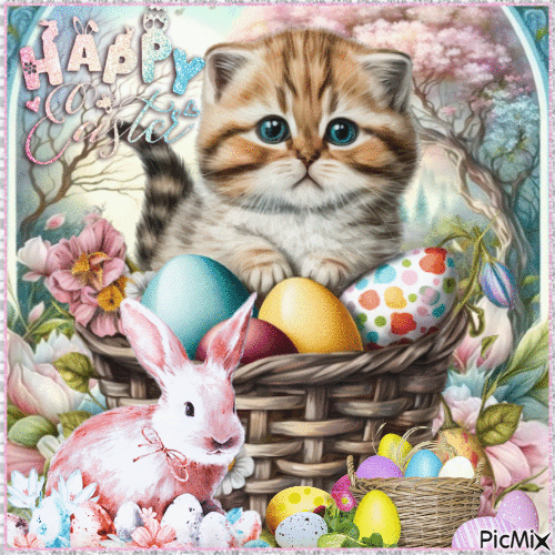 Happy Easter Animation With Kitten, Eggs And Rabbit Pictures, Photos ...