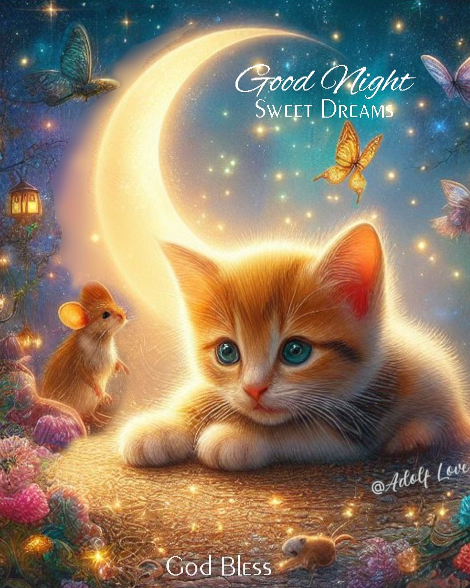 Glowing Moon Good Night Quote With Kitten And Mouse Pictures, Photos ...