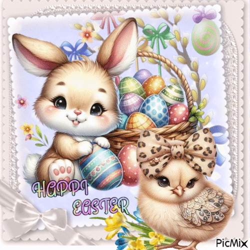 Happy Easter Animated Gif With Chick, Bunny And Easter Eggs Pictures ...