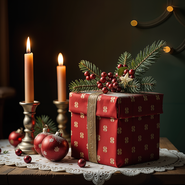 Red Christmas Present With Candles And Ornaments Pictures, Photos, and ...