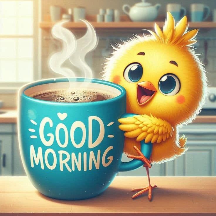 Yellow Chick With Coffee - Good Morning Quote Pictures, Photos, and ...