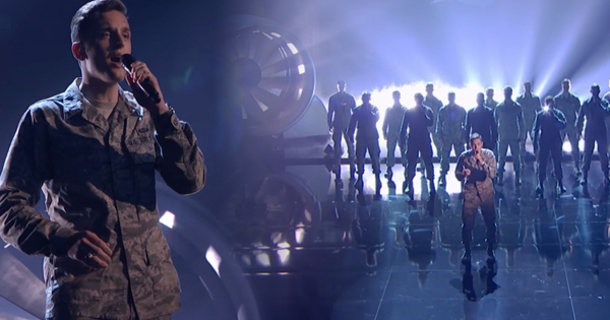 Airman starts singing on stage alone, until shadowy figures come from ...