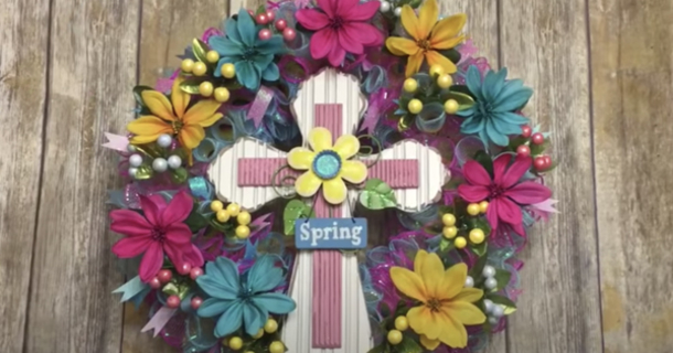 DIY Rainbow Deco Mesh Cross Wreath