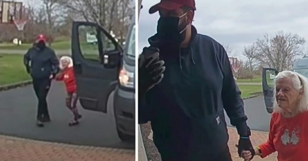 Kind Amazon delivery driver guides elderly woman with dementia back home
