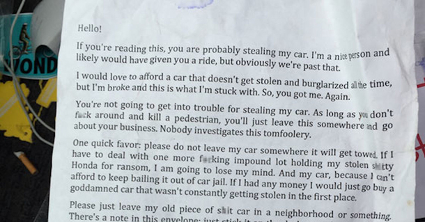This Woman Left A Note In Her Car In Case It Was Ever Stolen And It ...