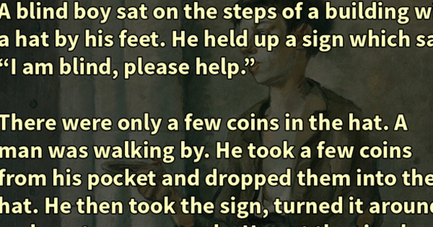 Young boy sign reads, “I am blind, Please Help!” Total stranger grabs ...